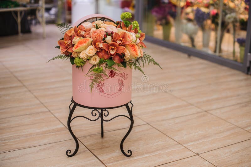 Beautiful Flower Bouquet in Round Box with Lid Stock Image - Image of ...