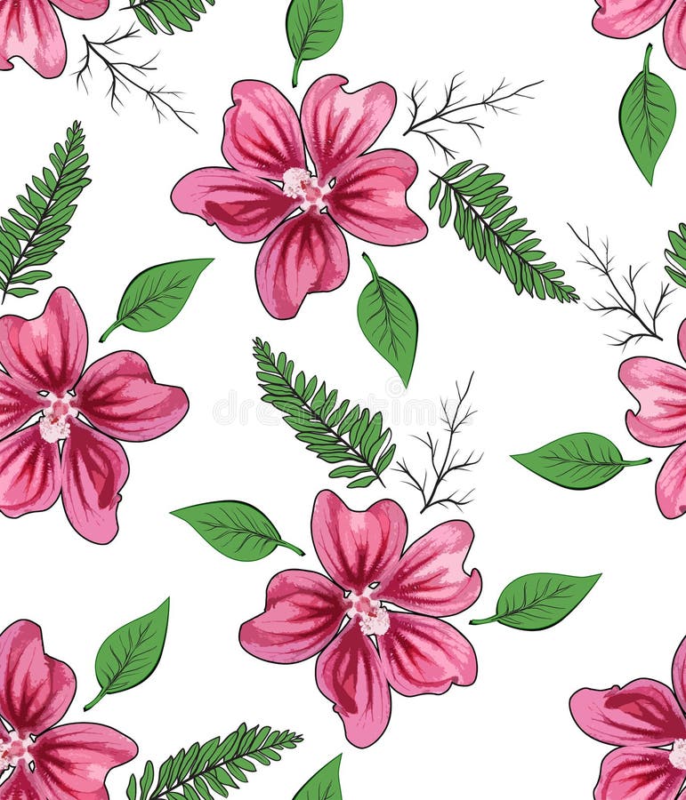 Beautiful Flower and Branches Hand Draw Illustration Seamless Pattern ...