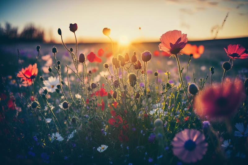 Beautiful Flower Meadow at Sunset.Generative AI Stock Illustration ...