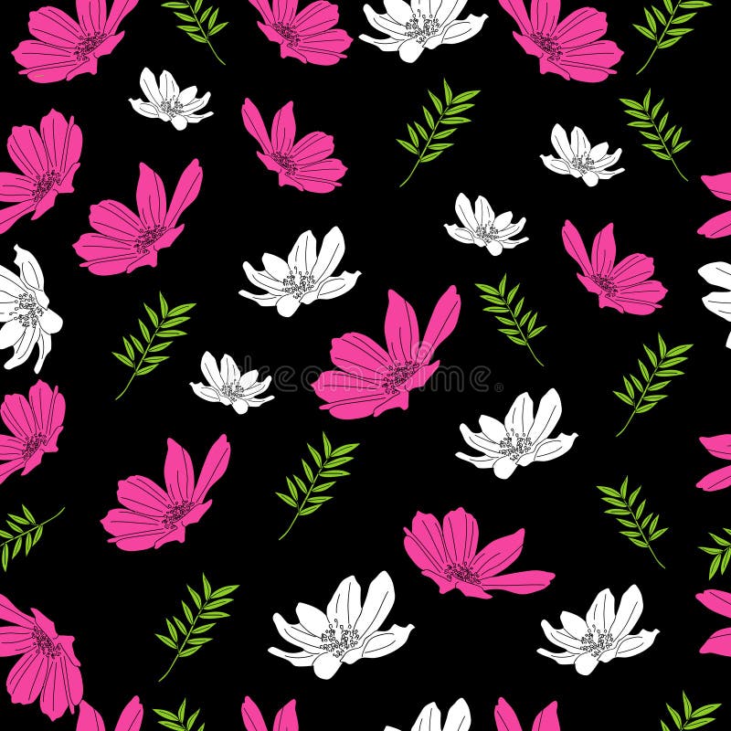 Beautiful Flower Pattern on Black Background Stock Illustration ...