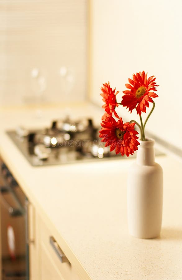 Beautiful Flower on Table in Modern Kitchen Stock Photo - Image of ...