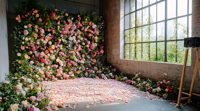 Beautiful Flower Wall and Petal Floor in a Rustic Setting Stock Image ...