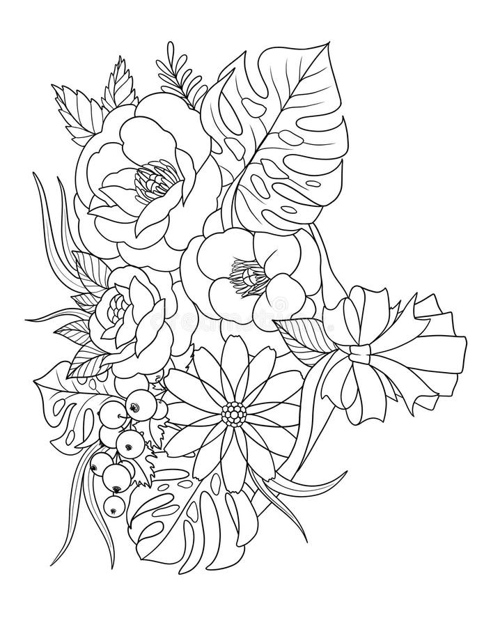 Beautiful Flowers Coloring Page Stock Illustration - Illustration of ...
