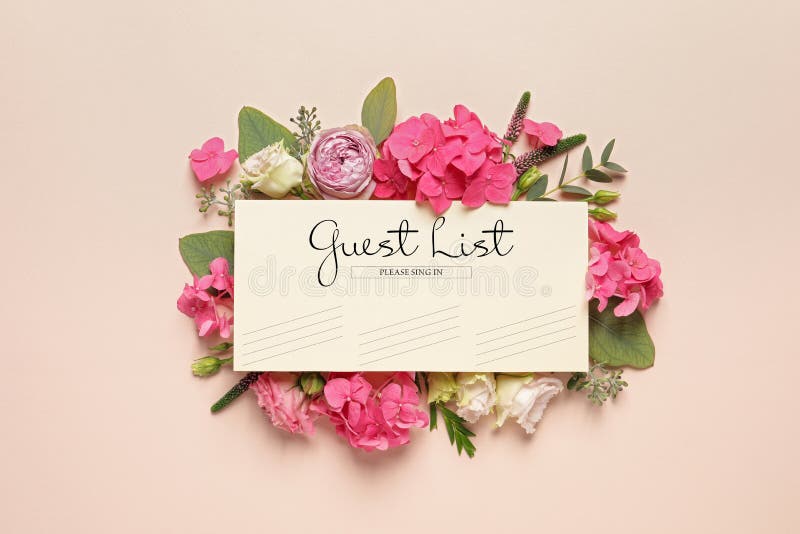 Beautiful Flowers and Guest List on Beige Background, Flat Lay Stock ...