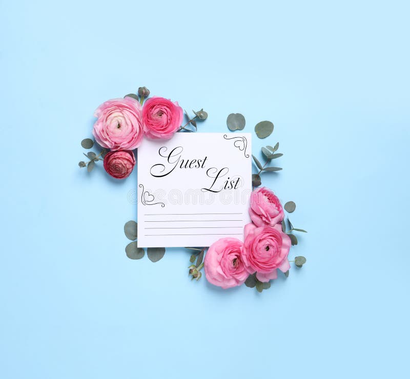 Beautiful Flowers and Guest List on Light Blue Background, Flat Lay ...