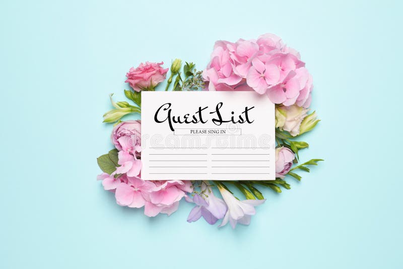 Beautiful Flowers and Guest List on Light Blue Background, Flat Lay ...