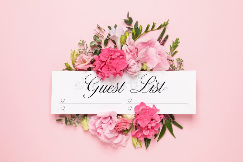 Beautiful Flowers and Guest List on Pink Background, Flat Lay Stock ...