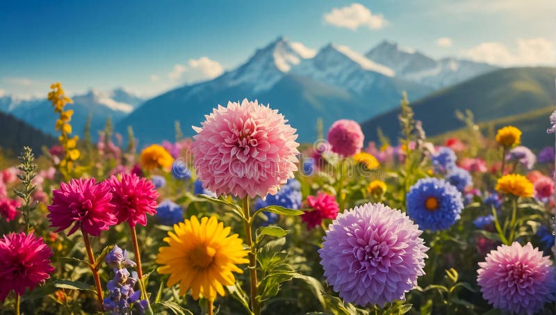 Beautiful Flowers, Mountains in the Background Meadow Stock ...