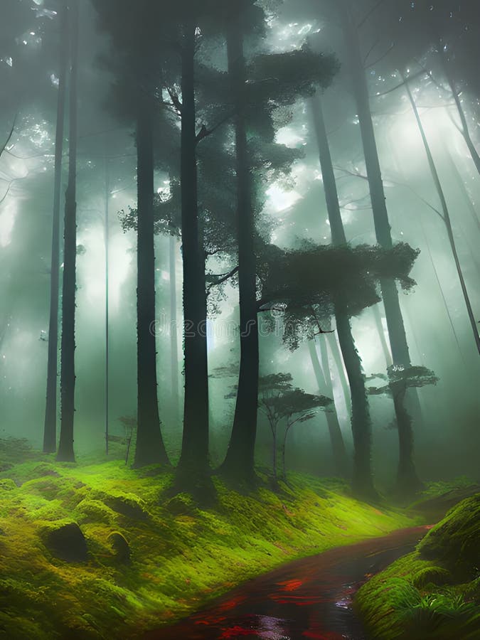 Beautiful Fog Forest with Trees, Ai Generated Stock Illustration ...