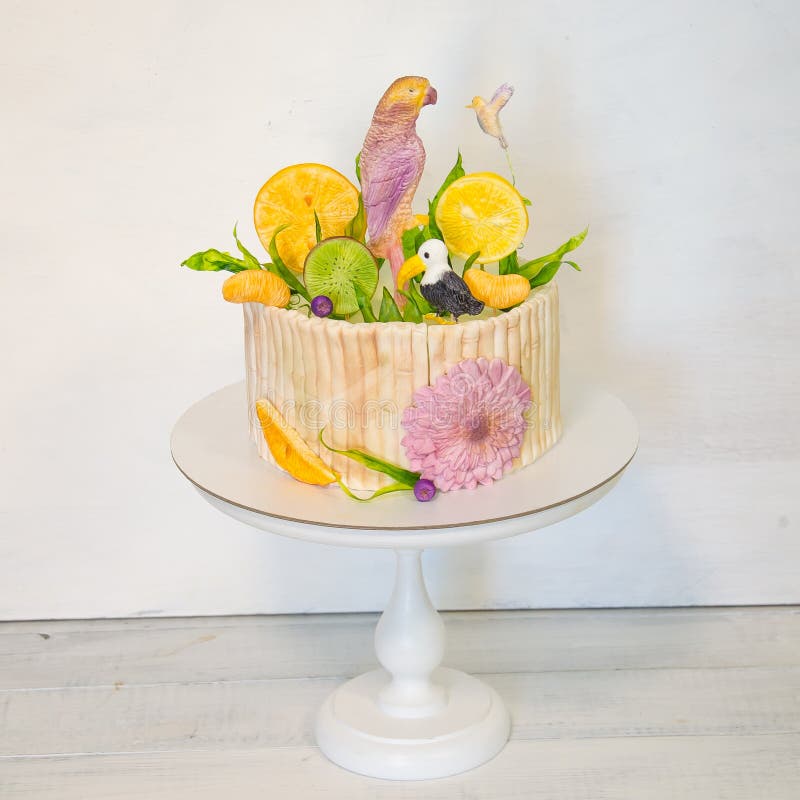 A Beautiful Fondant Cake with Parrot and Tropical Fruit Stock Image ...