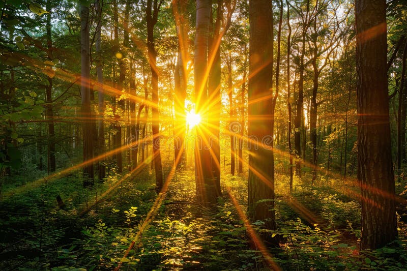 A Beautiful Forest, a Bright Sun Shines between the Trees. Generative ...