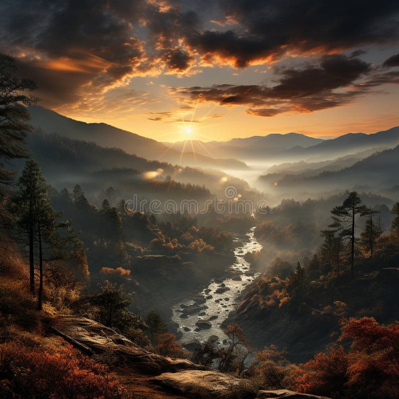 A Beautiful Forest in the Mountains Enveloped in Fog Stock Illustration ...