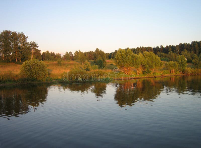 Beautiful Forest Near River in the Sunset Time, Horizontal View. Stock ...