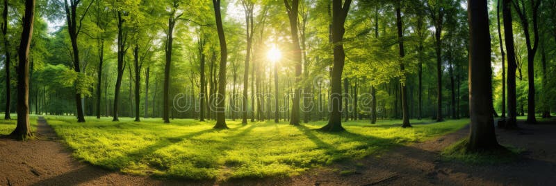 Beautiful Forest Panorama with Large Trees and Bright Sun Stock ...