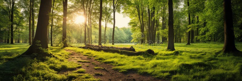 Beautiful Forest Panorama with Large Trees and Bright Sun Stock ...