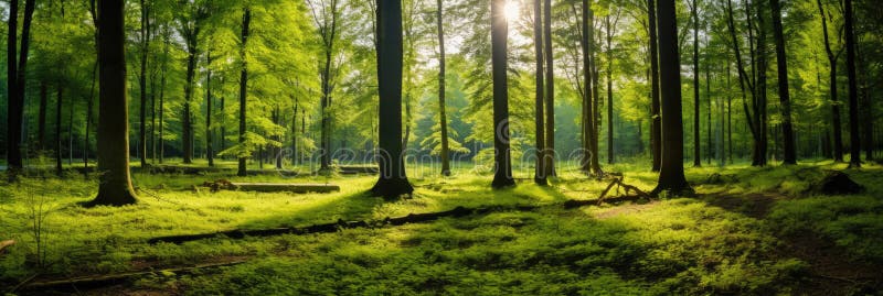 Beautiful Forest Panorama with Large Trees and Bright Sun Stock ...