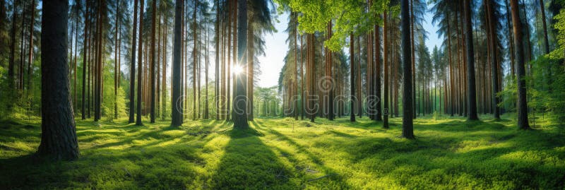 Beautiful Forest Panorama with Large Trees and Bright Sun Stock ...