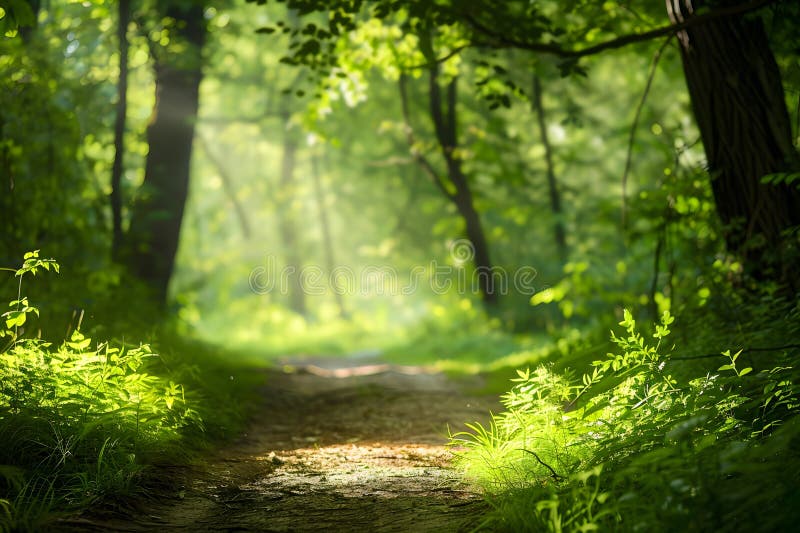 Beautiful Forest Path in Summer with Sunlit Green Trees and Misty Trail ...
