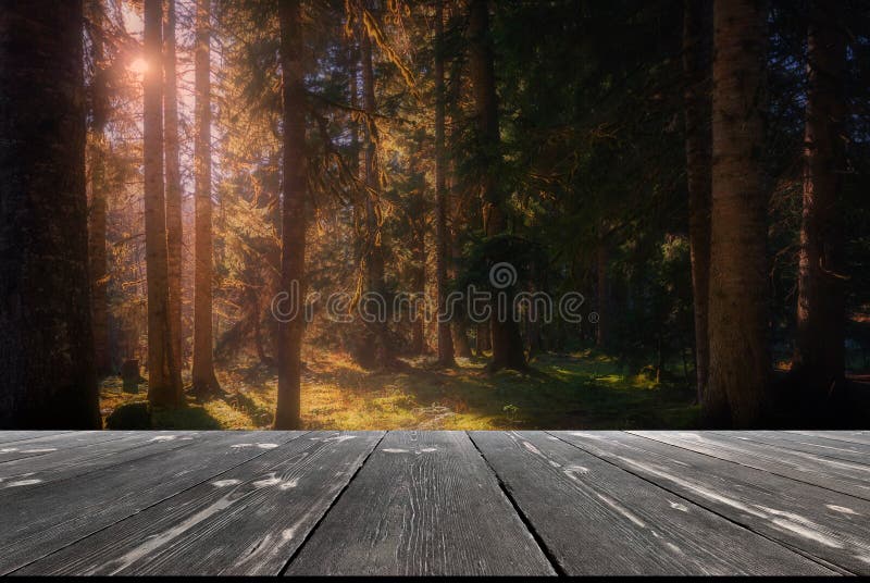 Beautiful Forest River and Empty Wooden Table. Natural Template ...
