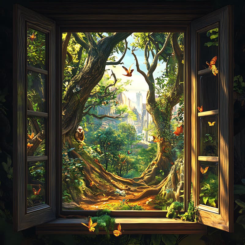 Beautiful Forest Scene Viewed through a Window with Sunlight Stock ...