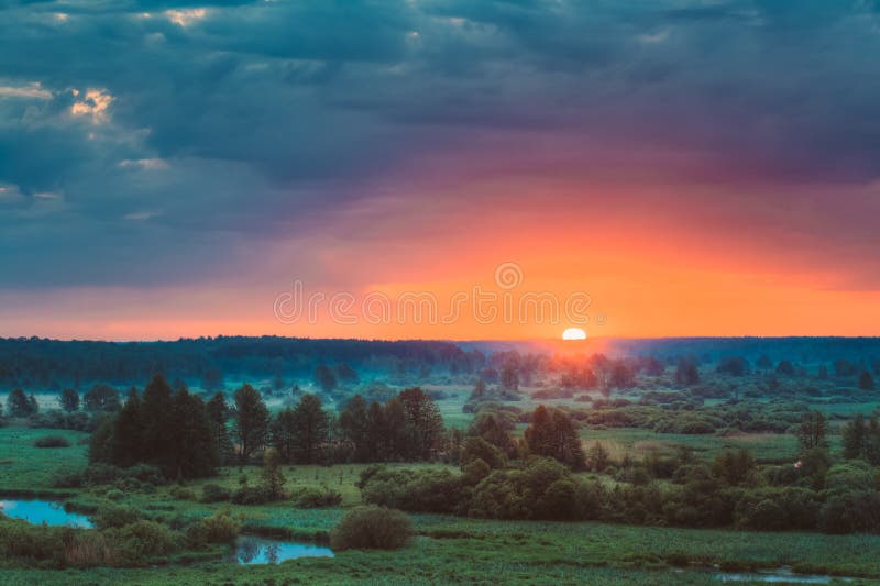 Beautiful Forest on Sunrise. Dramatic Sky with Stock Photo - Image of ...
