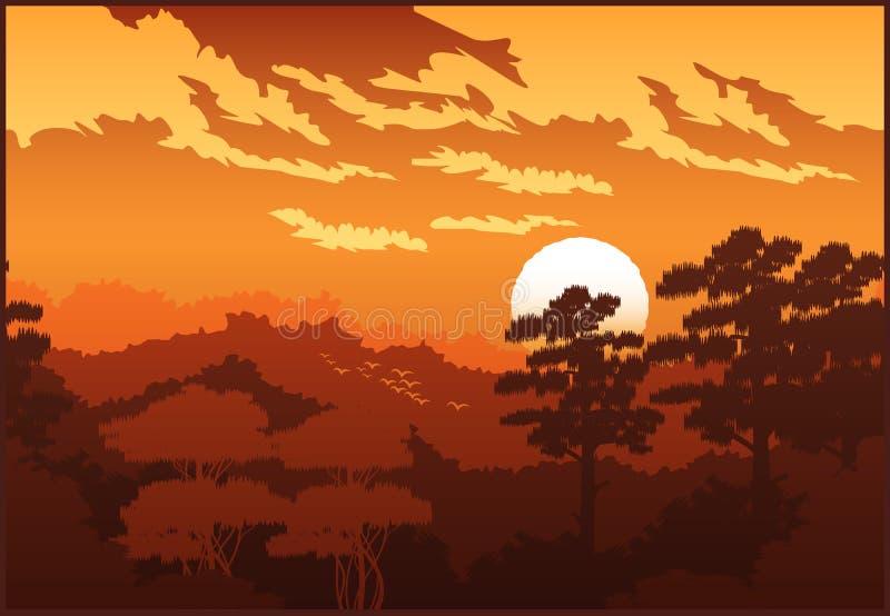 Beautiful forest at sunset stock vector. Illustration of trip - 101834261