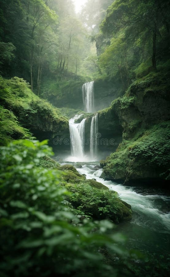 A Beautiful Forest with Waterfall and Plants Stock Illustration ...