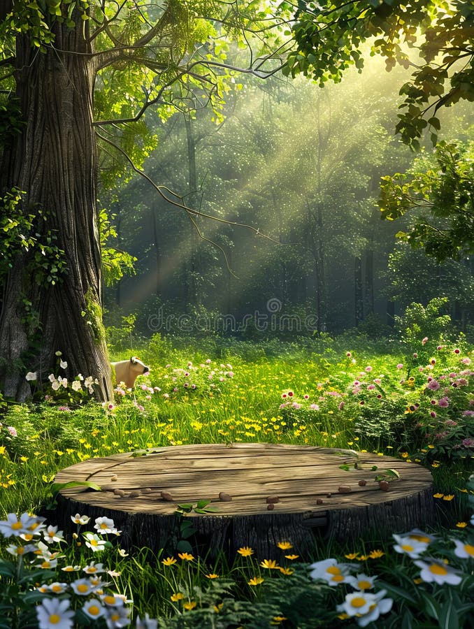 A Beautiful Forest with a Wooden Bench and Flowers Stock Image - Image ...