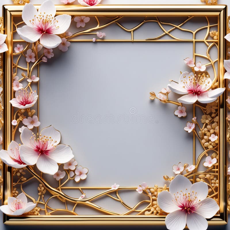 Frame with Golden 3d Flowers Sakura Stock Illustration - Illustration ...
