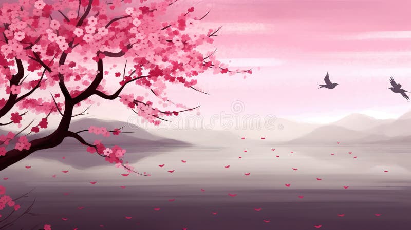 A Beautiful Freedom Inspired Cherry Tree Illustration, Birds Flying, Ai ...