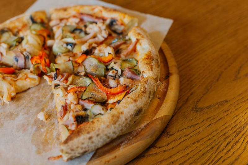 Beautiful Fresh Hot Pizza on a Wooden Run. Stock Photo - Image of board ...