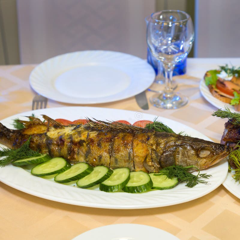 Beautiful Fried Fish on a Platter in a Restaurant. Stock Image - Image ...