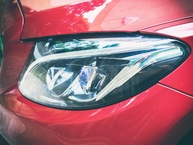 Beautiful Front Headlight Red Car on Street Stock Photo - Image of ...