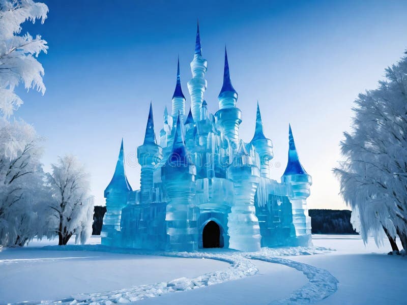 A Beautiful Frozen Ice Castle in the Snow Land Stock Illustration ...