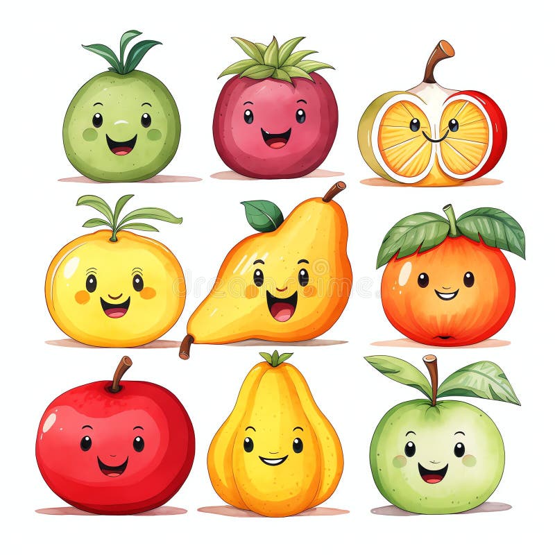 Beautiful Fruit with Face Watercolor Clipart Illustration Stock ...