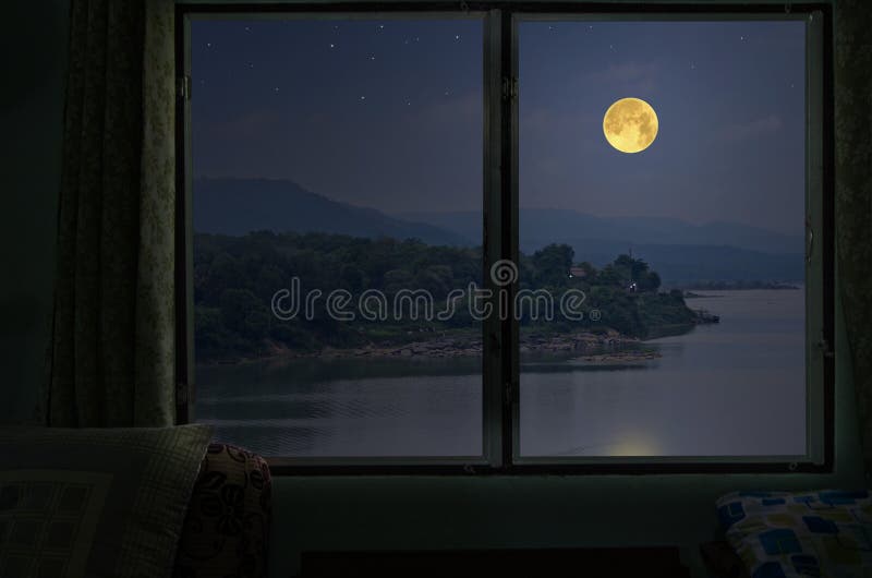 Beautiful Full Moon Over the River from Window View Point Stock Image ...
