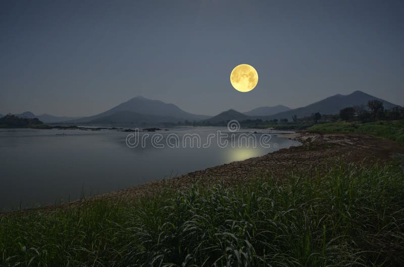 Beautiful Full Moon and Romantic River Stock Photo - Image of idyllic ...