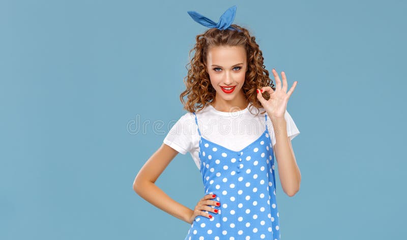 Beautiful Funny Girl on Colored Blue Background Stock Image - Image of ...