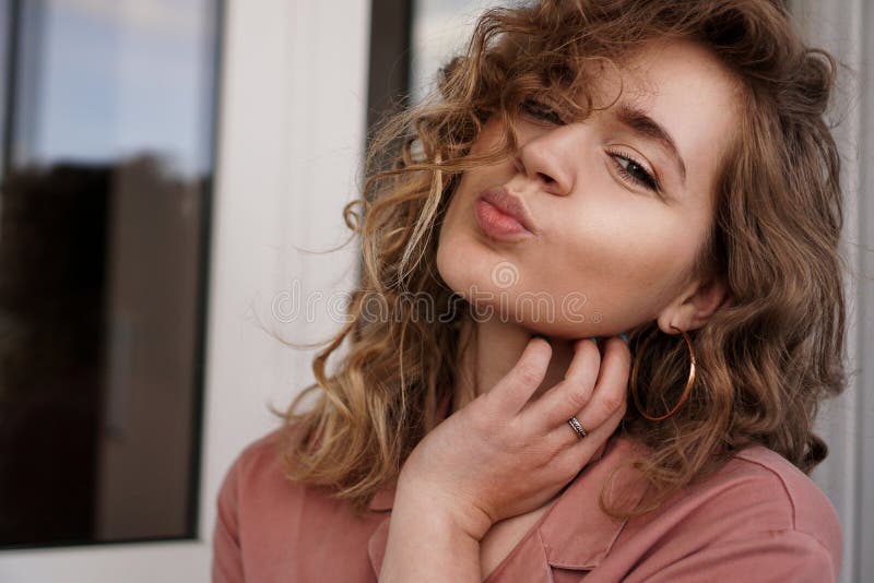 Beautiful Funny Pretty Curly Lady Positive Good Mood Sending Air Kisses