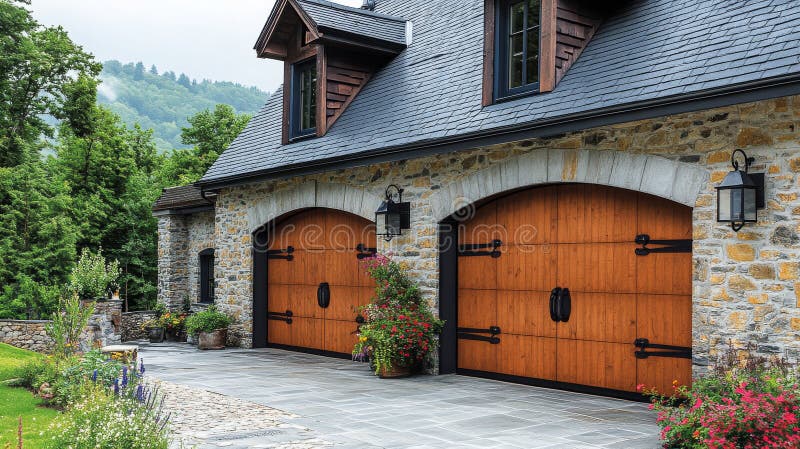 Stone Garage with Wooden Doors in Greenery Stock Image - Image of ...