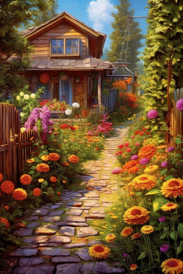 Beautiful Garden with Colorful Flowers and Pathways Stock Illustration ...