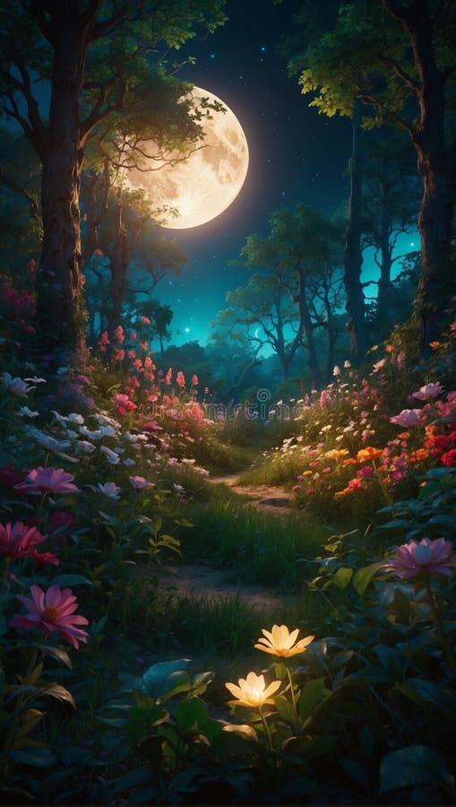 A Beautiful Garden Lit by a Bright Moon Stock Illustration ...