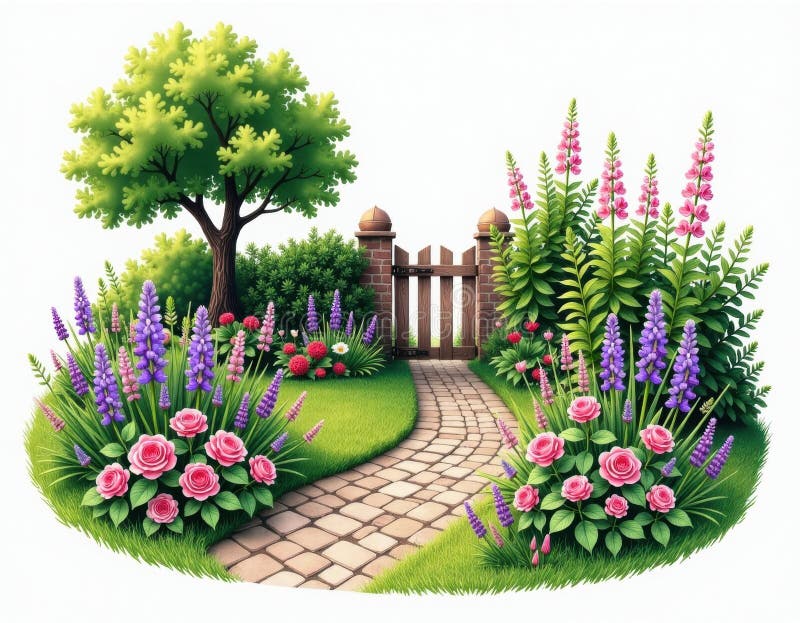 Beautiful Garden Path with Flowers and Gate Stock Illustration ...