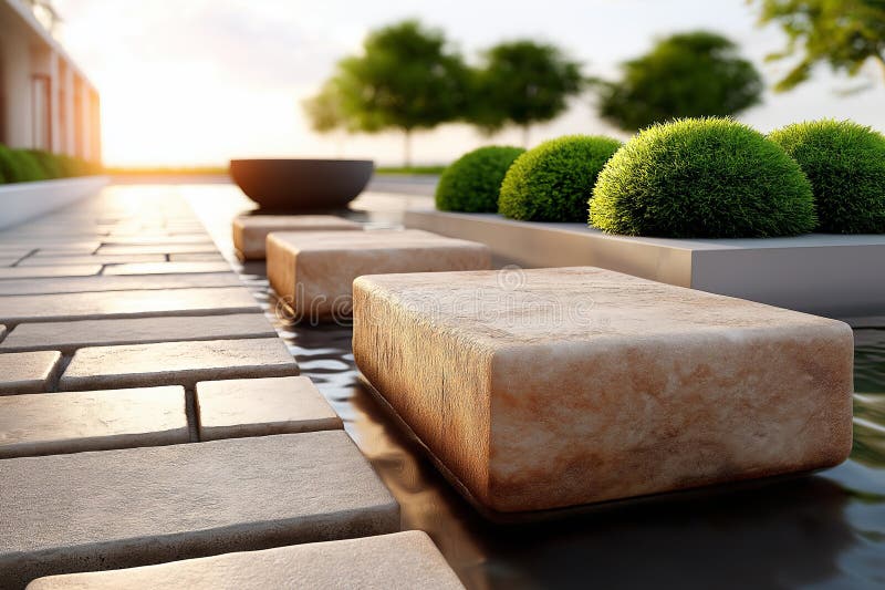 Beautiful Garden Path with Stone Steps and Lush Greenery at Sunset in a ...