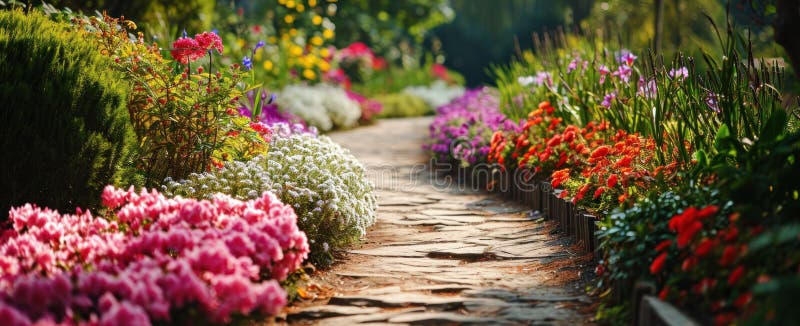 A Beautiful Garden Pathway with Colorful Flowers Stock Photo - Image of ...