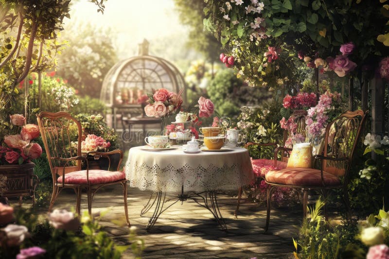 Beautiful Garden Tea Party with Flowers and Elegant Seating in a Serene ...