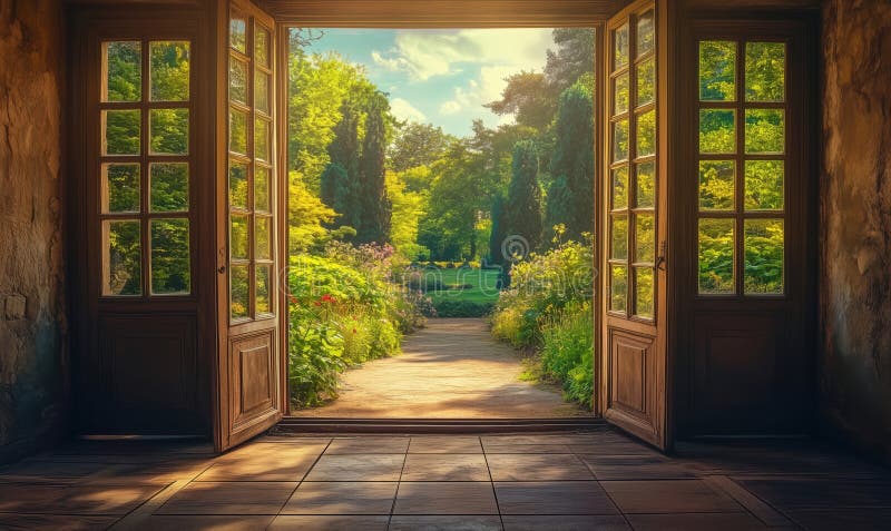 Beautiful Garden View through Open Doors Showcasing Vibrant Greenery ...