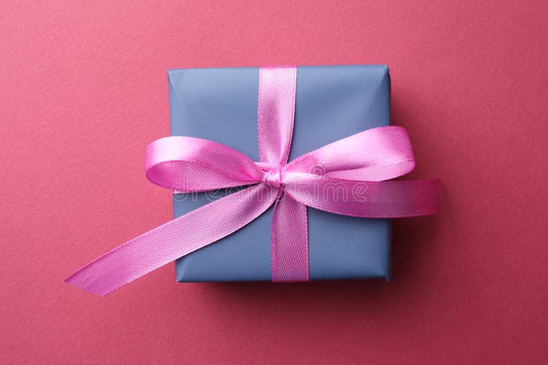 Beautiful Gift Box with Bow on Pink Background, Top View Stock Photo ...