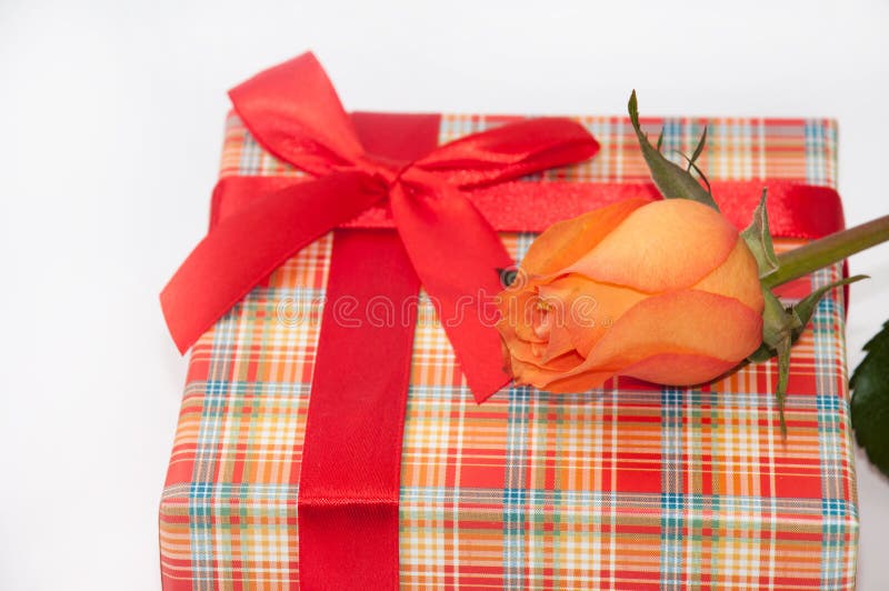 Beautiful Gift Box with Red Bow and Orange Rose Stock Photo - Image of ...