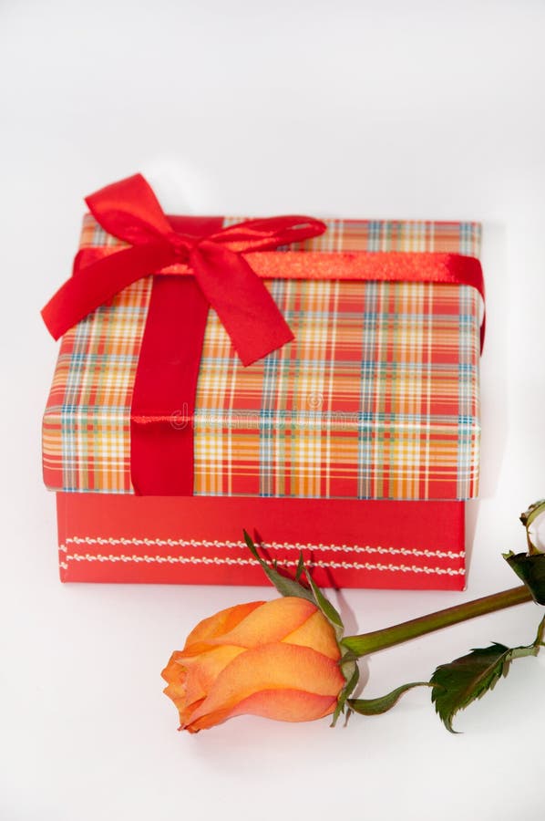 Beautiful Gift Box with Red Bow and Orange Rose Stock Image - Image of ...